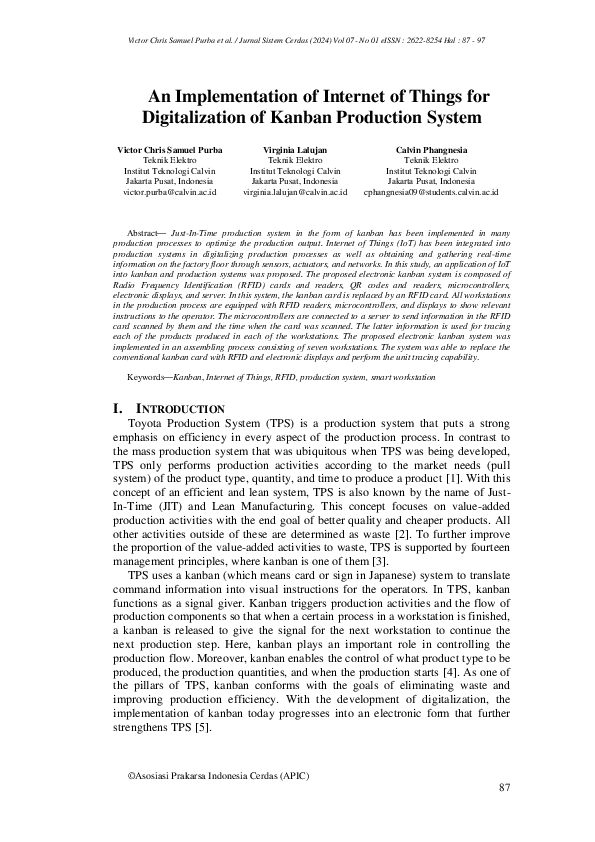 (PDF) An Implementation of Internet of Things for Digitalization of Kanban Production System