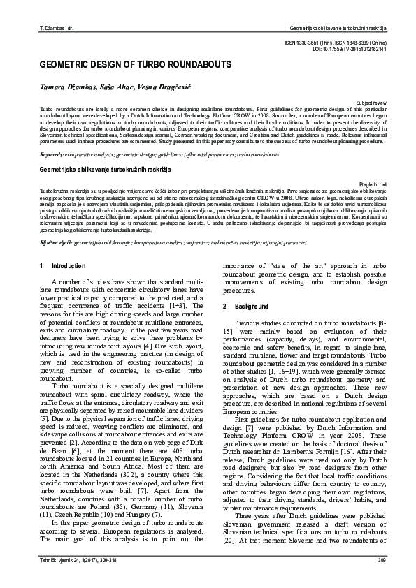 (PDF) Geometric design of turbo roundabouts