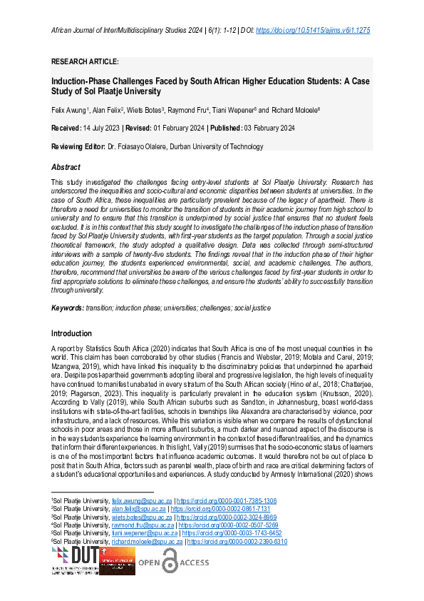 (PDF) Induction-Phase Challenges Faced by South African Higher Education Students: A Case Study ...