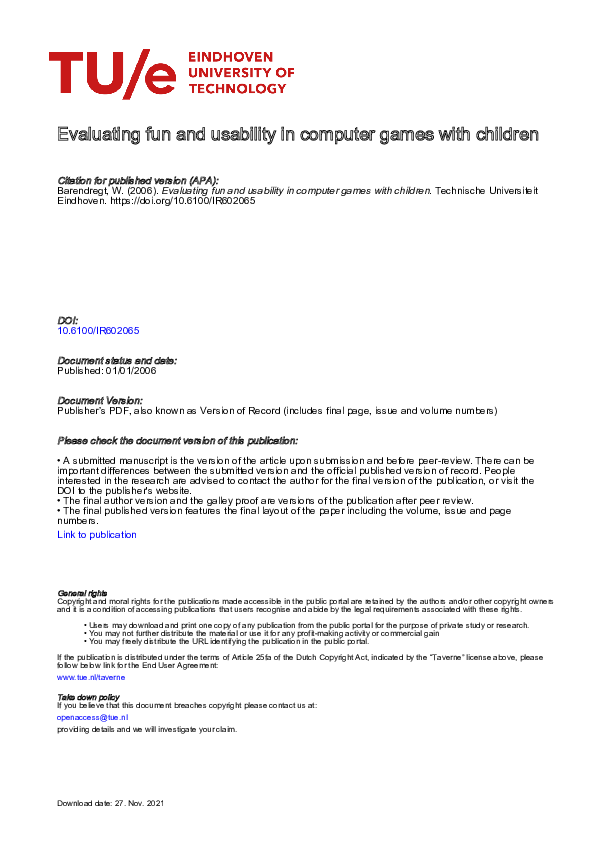 (PDF) Evaluating fun and usability in computer games with children