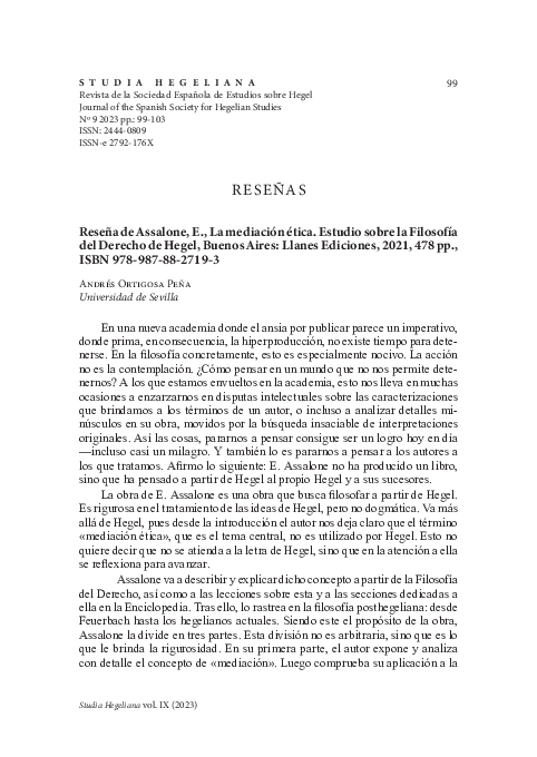 (PDF) Reseña de Assalone, E., La mediación ética. Estudio sobre la ...