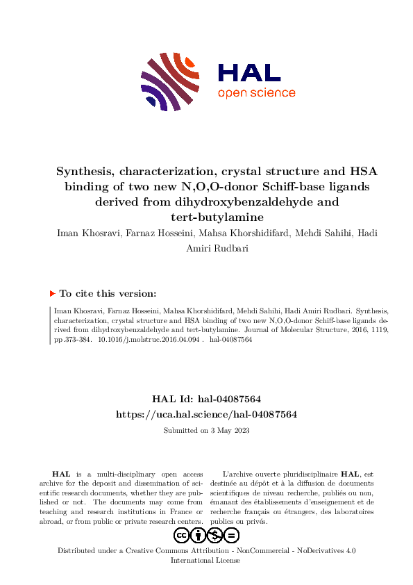 (PDF) Synthesis, characterization, crystal structure and HSA binding of two new N,O,O-donor ...