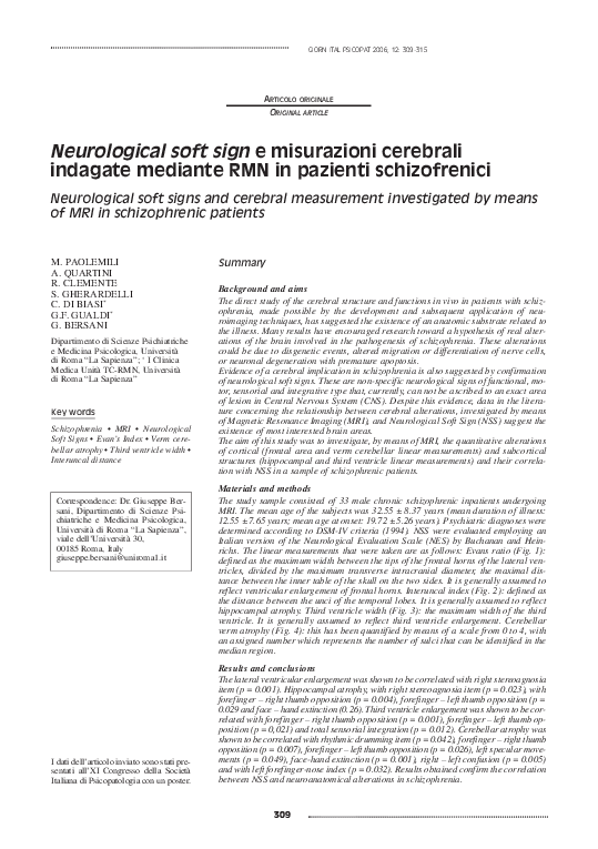 (PDF) Neurological soft sign e misurazioni cerebrali indagate mediante ...