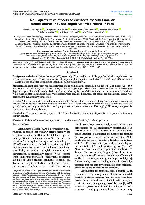 (PDF) Neuroprotective effects of Paederia foetida Linn. on scopolamine-induced cognitive ...