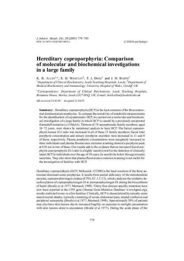 (PDF) Hereditary coproporphyria: Comparison of molecular and ...