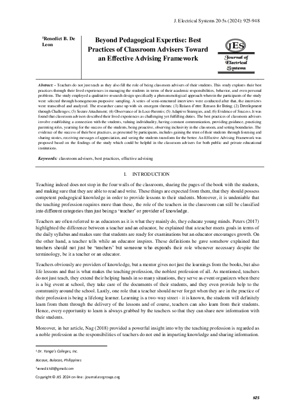 Beyond Pedagogical Expertise: Best Practices of Classroom Advisers ...