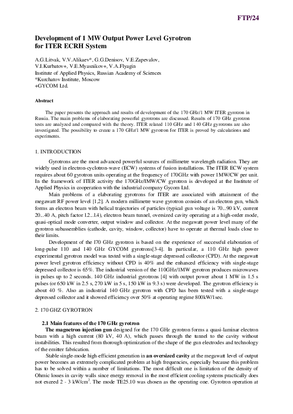 (PDF) Development of 1 mw output power level gyrotron for ITER