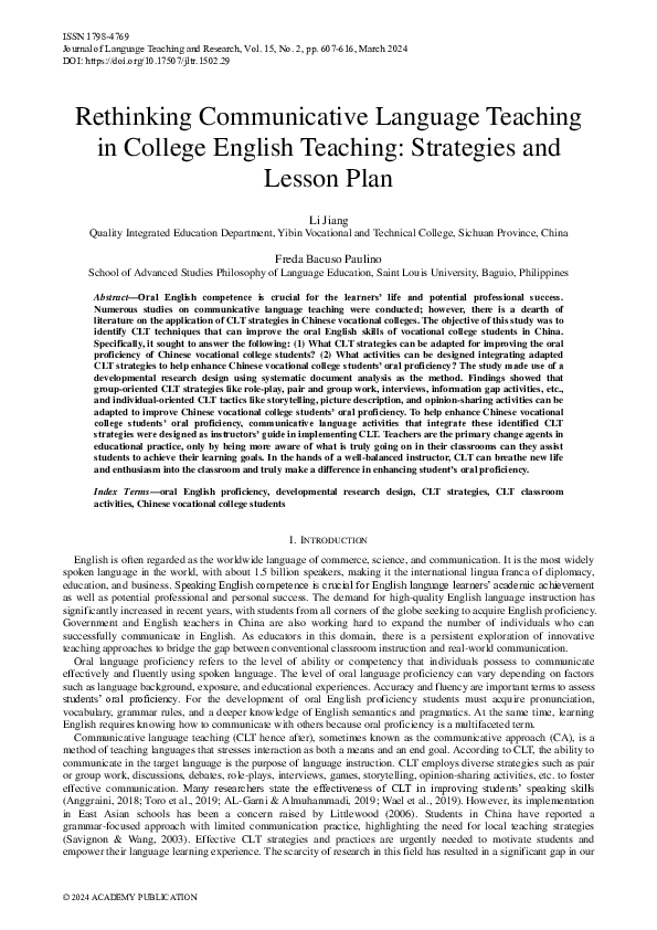 (PDF) Rethinking Communicative Language Teaching in College English Teaching: Strategies and ...