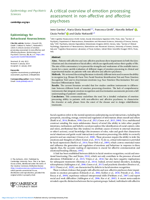 (PDF) A critical overview of emotion processing assessment in non-affective and affective psychoses