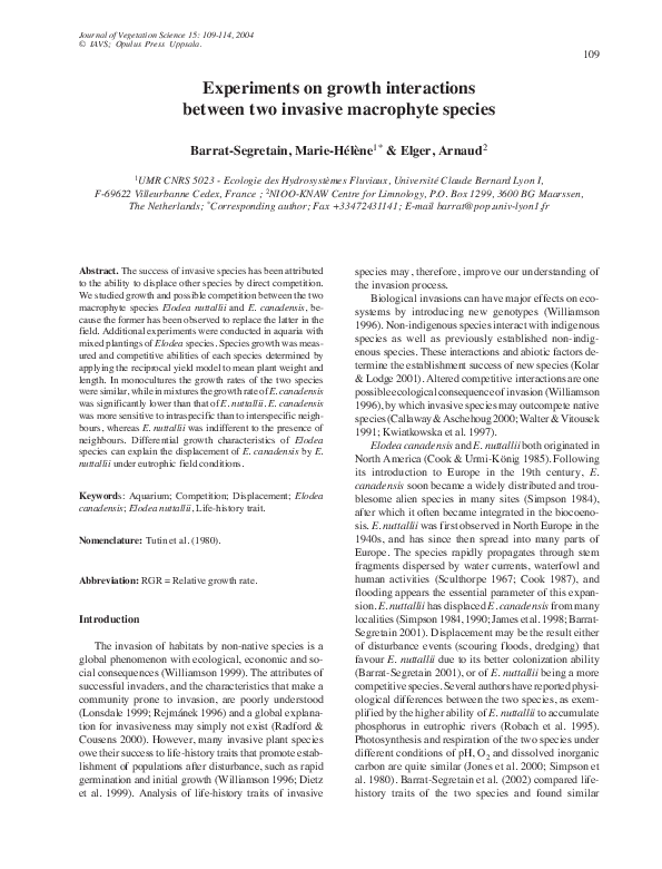 (PDF) Experiments on growth interactions between two invasive ...