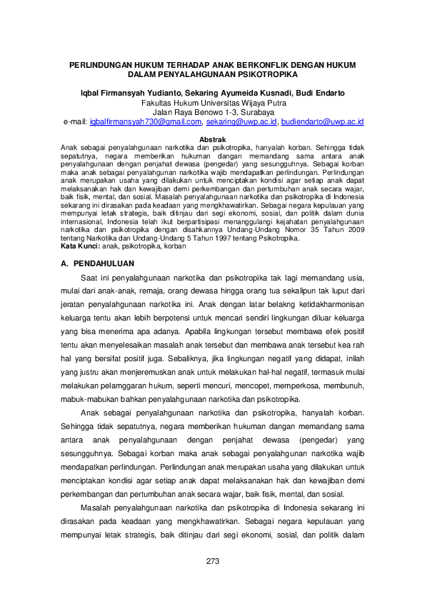 (PDF) Perlindungan Hukum Terhadap Anak Berkonflik Dengan Hukum Dalam Penyalahgunaan Psikotropika