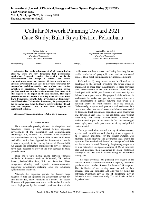 (PDF) Cellular Network Planning Toward 2021 Case Study: Bukit Raya District Pekanbaru