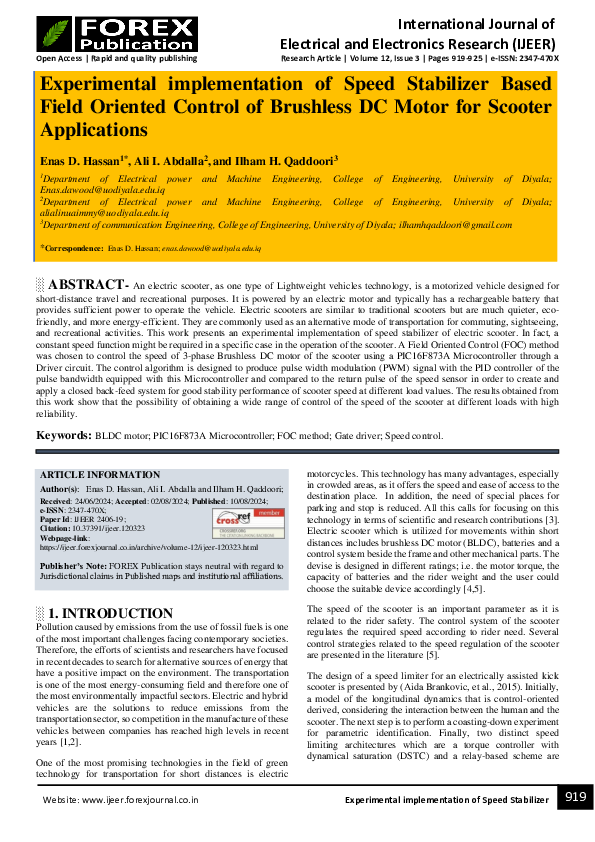 (PDF) Experimental implementation of Speed Stabilizer Based Field Oriented Control of Brushless ...