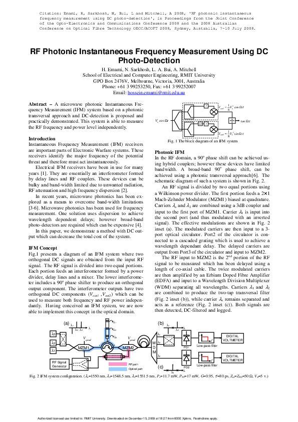 (PDF) RF photonic Instantaneous Frequency Measurement using DC photo-detection