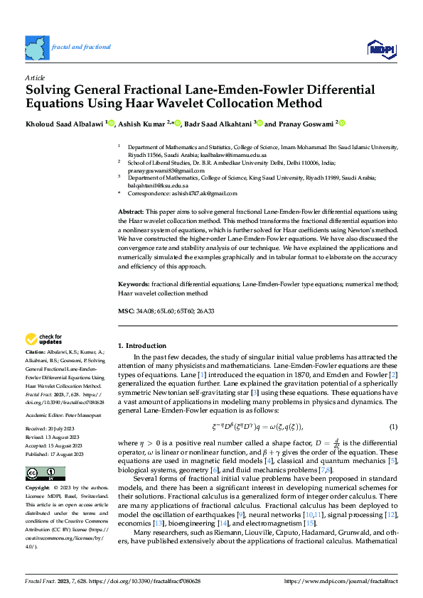 Pdf Solving General Fractional Lane Emden Fowler Differential Equations Using Haar Wavelet