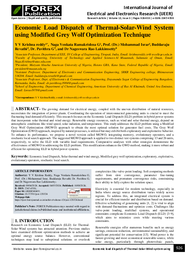 Pdf Economic Load Dispatch Of Thermal Solar Wind System Using Modified Grey Wolf Optimization
