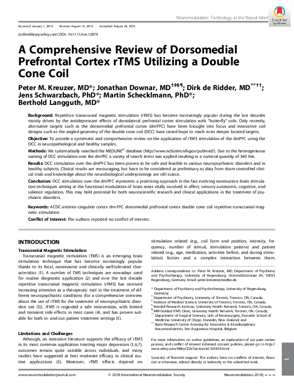 (PDF) A Comprehensive Review of Dorsomedial Prefrontal Cortex rTMS Utilizing a Double Cone Coil