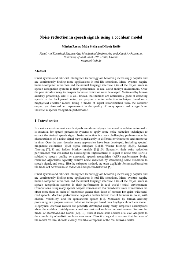 (PDF) Noise reduction in speech signals using a cochlear model