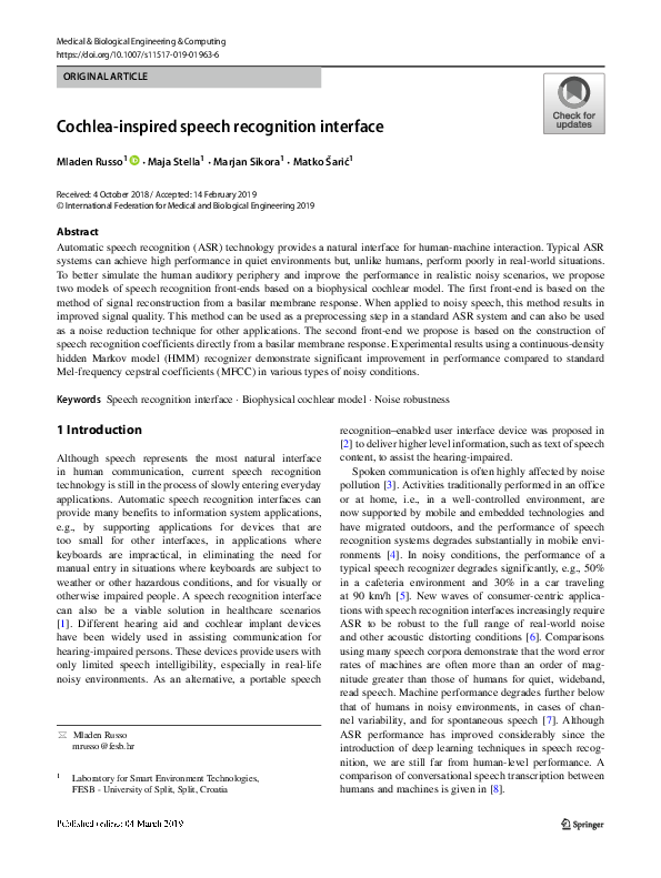 (PDF) Cochlea-inspired speech recognition interface