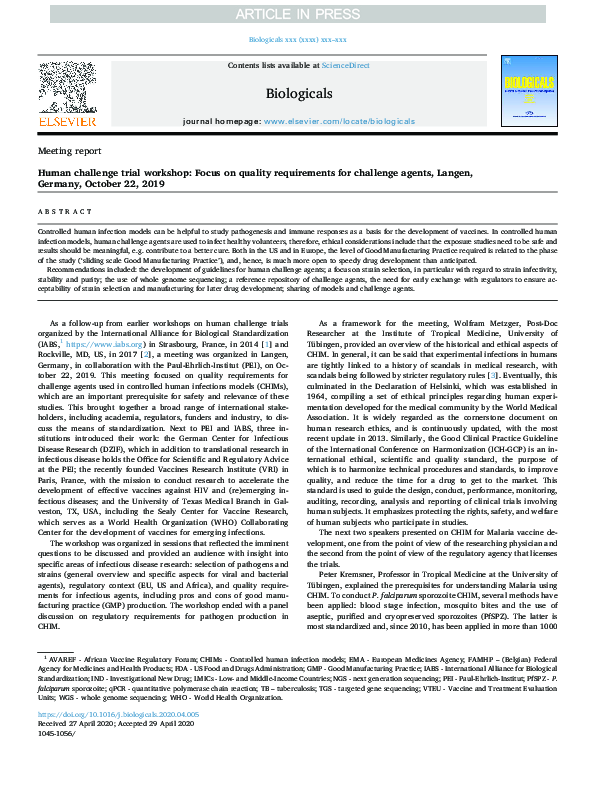 (PDF) Human challenge trial workshop: Focus on quality requirements for ...