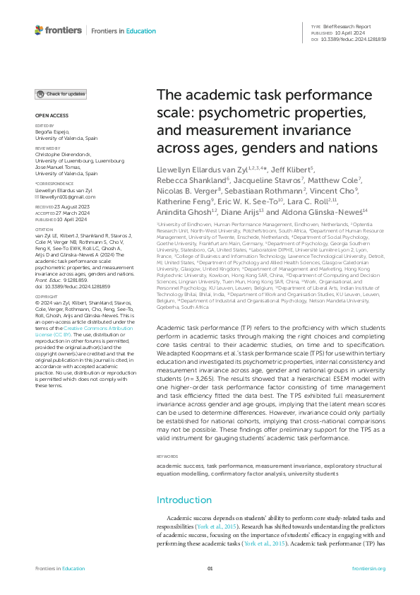 (PDF) The academic task performance scale: psychometric properties, and ...