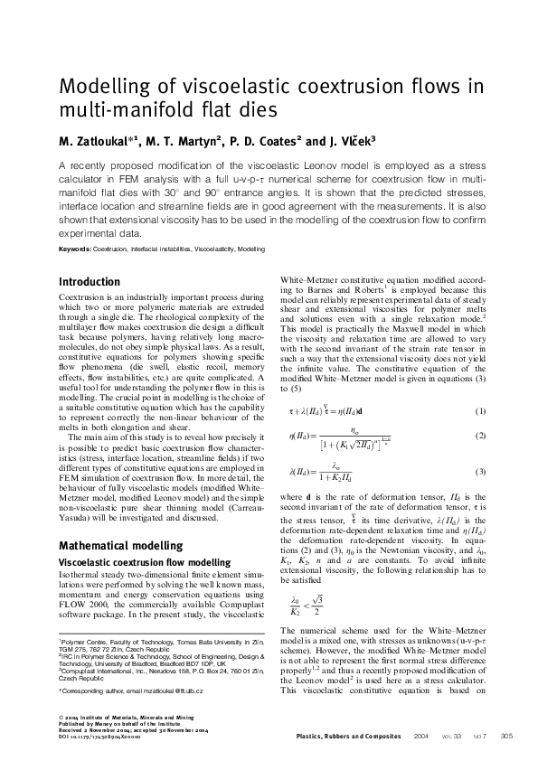 (PDF) Modelling of viscoelastic coextrusion flows in multi-manifold flat dies
