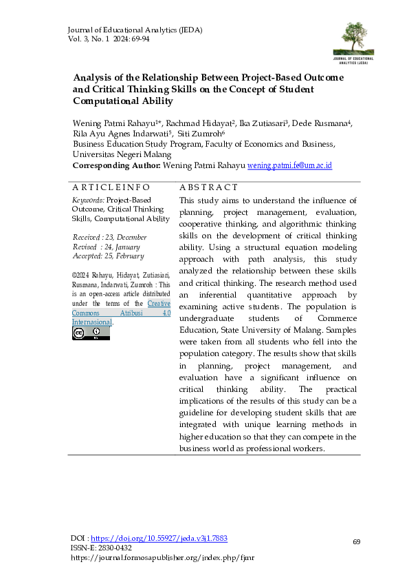 Pdf Analysis Of The Relationship Between Project Based Outcome And Critical Thinking Skills On