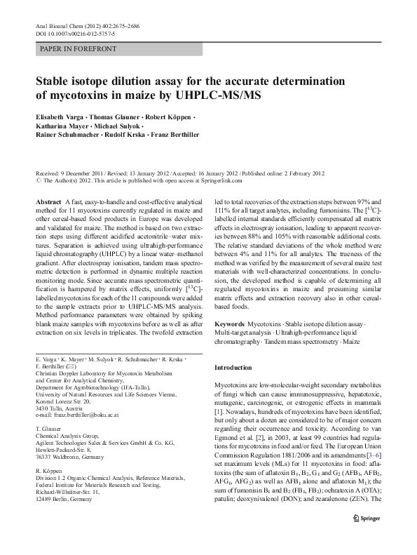 (PDF) Stable isotope dilution assay for the accurate determination of mycotoxins in maize by ...