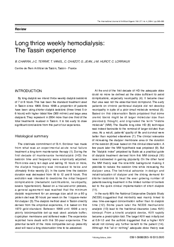(PDF) Long Thrice Weekly Hemodialysis: The Tassin Experience
