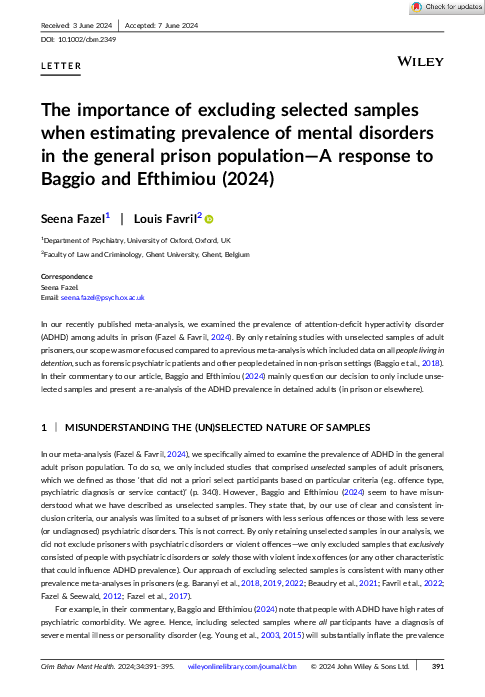 (PDF) ADHD in prison: response to Baggio and Efthimiou (2024)