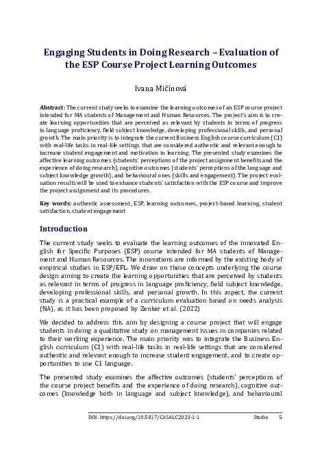 (PDF) Engaging Students in Doing Research – Evaluation of the ESP Course Project Learning Outcomes