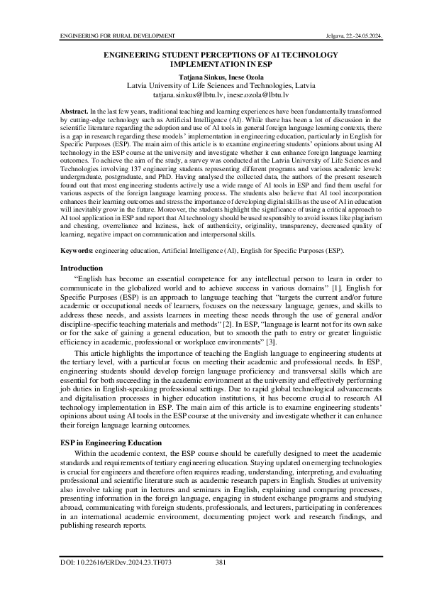 (PDF) Engineering student perceptions of AI technology implementation in ESP