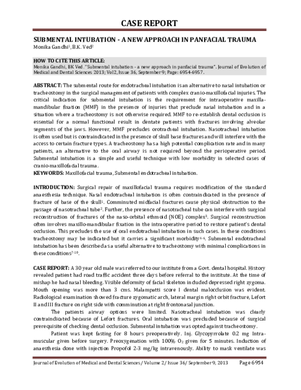 (PDF) Submental Intubation - a New Approach in Panfacial Trauma