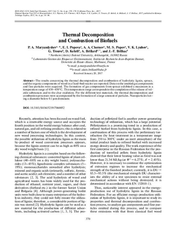 (PDF) Thermal decomposition and combustion of biofuels