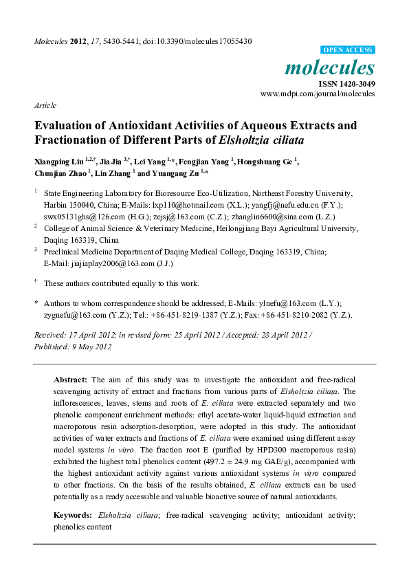 (PDF) Evaluation of Antioxidant Activities of Aqueous Extracts and Fractionation of Different ...