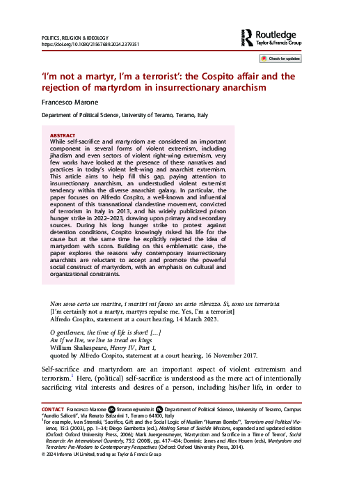 (PDF) ‘I’m not a martyr, I’m a terrorist’: the Cospito affair and the ...