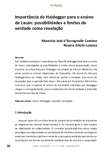 (PDF) Importância de Heidegger para o ensino de Lacan: possibilidades e ...