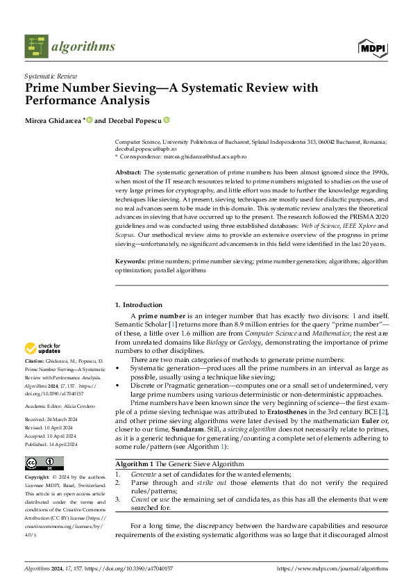 (PDF) Prime Number Sieving—A Systematic Review with Performance Analysis