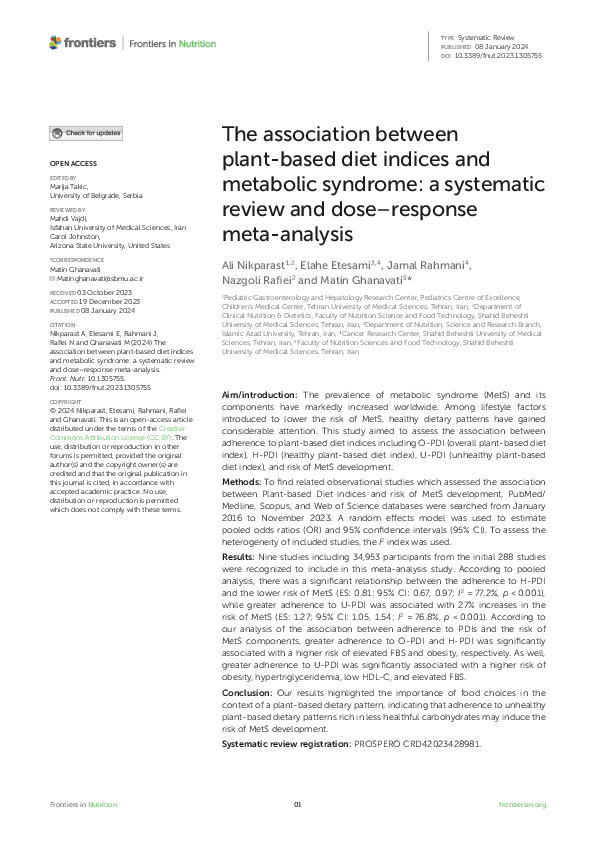 (PDF) The association between plant-based diet indices and metabolic syndrome: a systematic ...