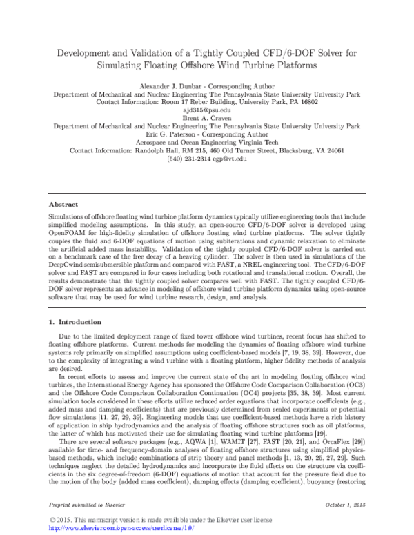 (PDF) Development and validation of a tightly coupled CFD/6-DOF solver for simulating floating ...