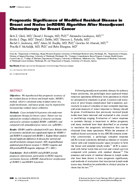 Pdf Prognostic Significance Of Modified Residual Disease In Breast And Nodes Mrdbn Algorithm