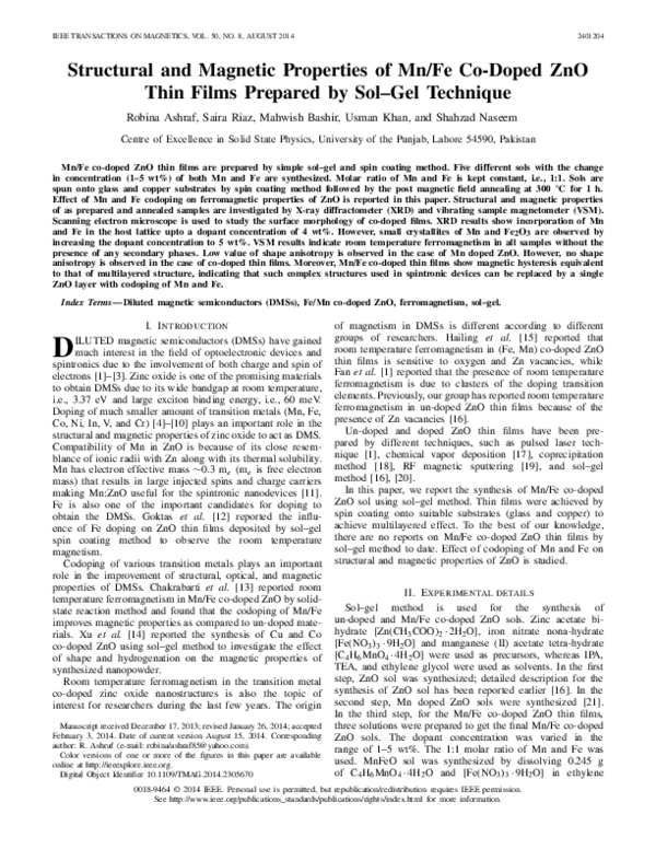(PDF) Structural and Magnetic Properties of Mn/Fe co-Doped ZnO Thin Films Prepared by Sol–Gel ...