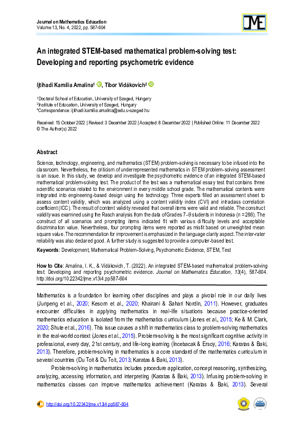 Pdf An Integrated Stem Based Mathematical Problem Solving Test Developing And Reporting