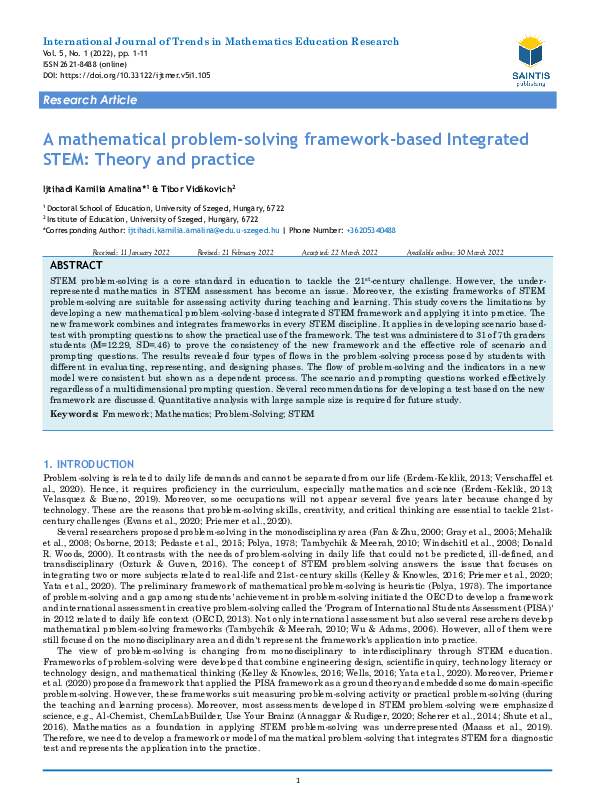 Pdf A Mathematical Problem Solving Framework Based Integrated Stem Theory And Practice