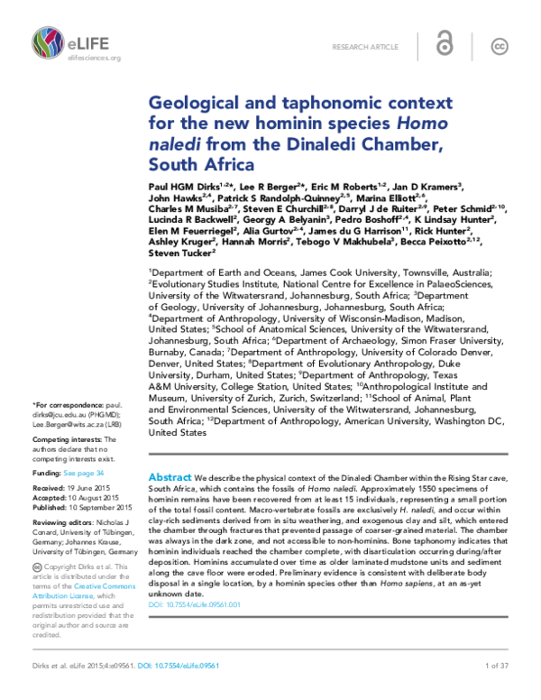 (PDF) Geological Context and Taphonomy of Homo naledi in South Africa