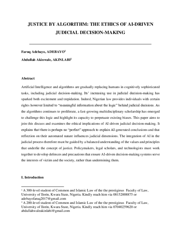 (PDF) JUSTICE BY ALGORITHM: THE ETHICS OF AI-DRIVEN JUDICIAL DECISION-MAKING