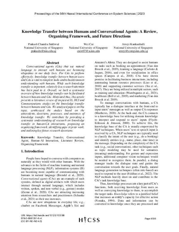 (PDF) Knowledge Transfer between Humans and Conversational Agents: A Review, Organizing ...