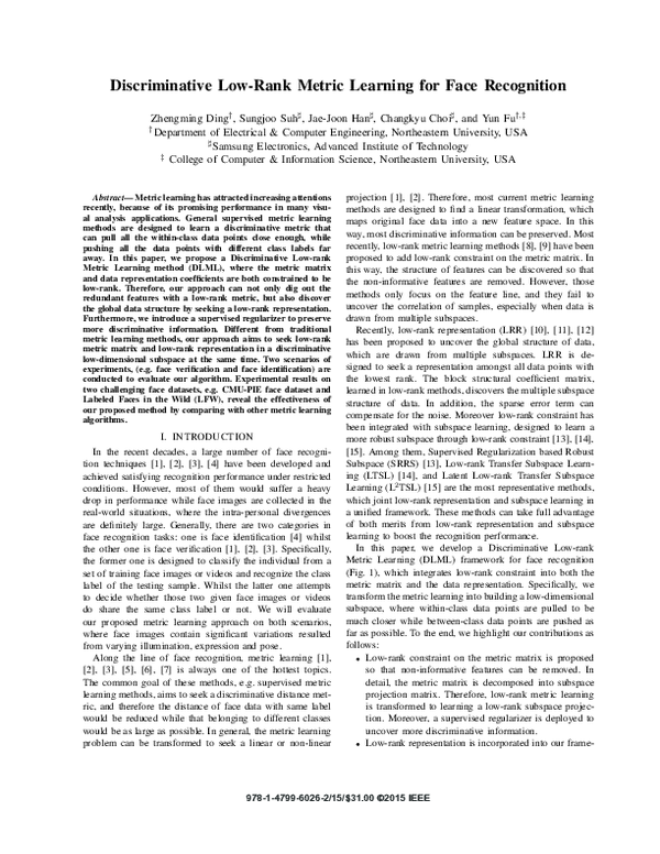 (PDF) Discriminative low-rank metric learning for face recognition