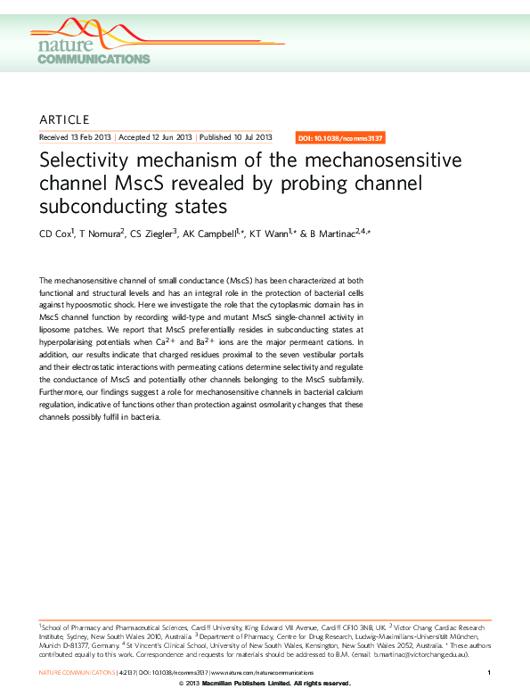 (PDF) Selectivity mechanism of the mechanosensitive channel MscS ...
