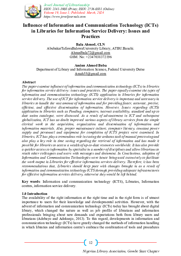 (PDF) Influence of Information and Communication Technology (ICTs) in Libraries for Information ...